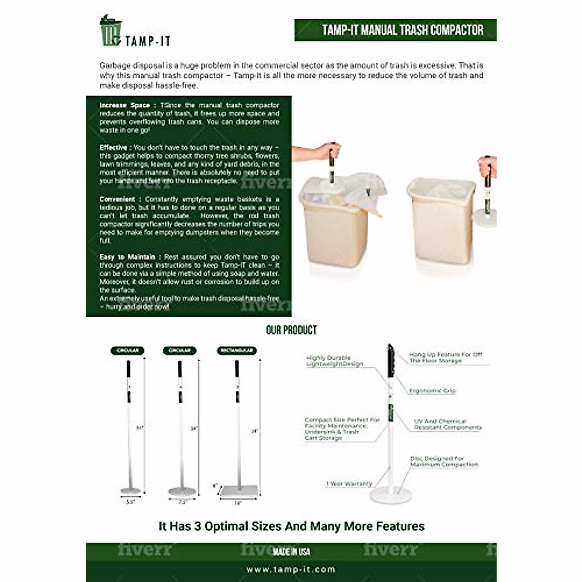 TAMP-IT Mighty Mini Manual Trash Compactor Frees Up Space in Bins, Receptacles, Dumpsters Reduce Trips to Dispose Trash Cost Effective (12" T- 7 1/2" D)