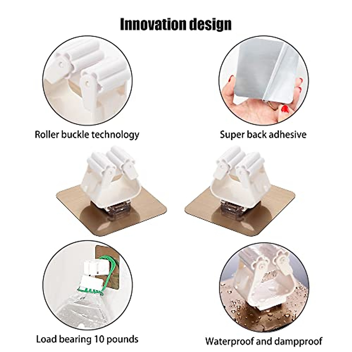 Self-Adhesive Mop Holder,Broom Wall Mounted Rack,Sweeper Gripper Hanger,Cleaning Tools Sticker Hook,Bathroom/Kitchen/Toilet/Garage/Garden Organization Gadget,No Drilling/Strong Bearing/Anti-Slip(4pcs)