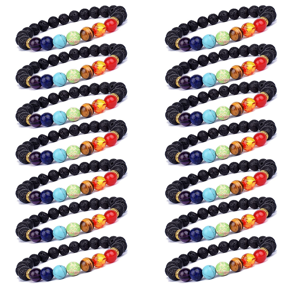 Svovin 14 Pcs Lava Rock 7 Chakra Energy Oil Diffuser Bracelet Set for Women Men Unisex Elastic 8mm Stone Yoga Beaded Bracelets Jewelry With Lucky Healing