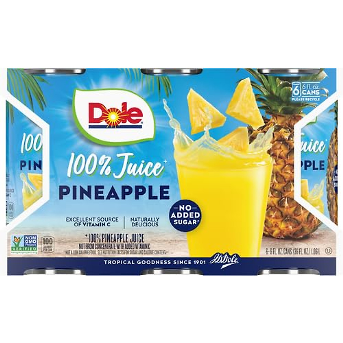 Dole 100% Pineapple Juice, No Added Sugar, Excellent Source of Vitamin C, 100% Fruit Juice, 6 Fl Oz (Pack of 6), Packaging May Vary