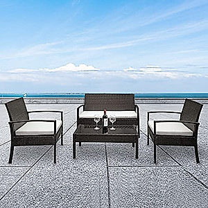 SAWQF in Stock 2pcs Arm Chairs 1pc Love Seat & Tempered Glass Coffee Table Rattan Sofa Set Brown Gradient Patio Outdoor Furniture Set