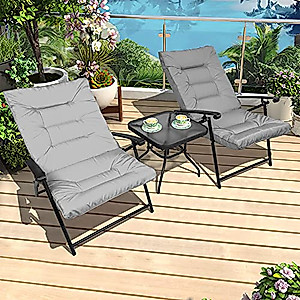 SUNCROWN 3-Piece Outdoor Furniture Patio Padded Folding Chair Set Patio Bistro Set Foldable Adjustable Reclining Lounge Chair with Coffee Table, Grey