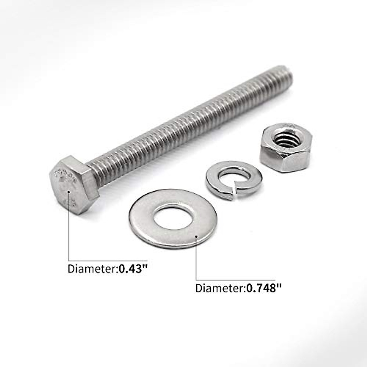 (8 Sets) 1/4-20x2-1/4" Stainless Steel Hex Head Screws Bolts Nuts Flat Washers & Lock Washers Kits, 18-8 (304) S/S,Full Thread,Machine Thread,Flat Washers Diameter 0.748"