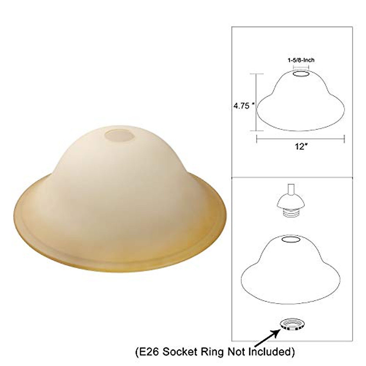 Giluta Floor Lamp Glass Shade Replacement Globe -Fitting Opening 1.625" Elegant Style Light Fixture Shade, Height: 4.75 inch, Width: 12 inch. Lipless