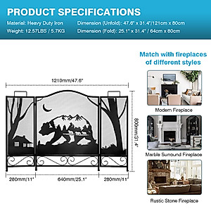 IRONWALLS 3-Panel Folding Fireplace Screens Decorative, 47.6” x 31.4” Metal Bear Fireplace Screens Fire Screen Gate Fence Spark Guard Kid Proof, Heavy Duty Fireplace Screen Black for Home Farmhouse