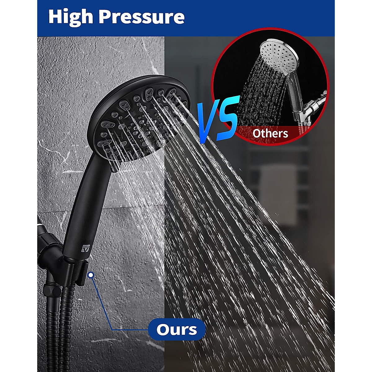 High Pressure Handheld Shower Head VMASSTONE 7-Spray Setting Showerhead Kit with 59" Stainless Steel Hose and Adjustable Mount for Showering Enjoyment Even at Low Water Flow (HM-002 Matte Black)