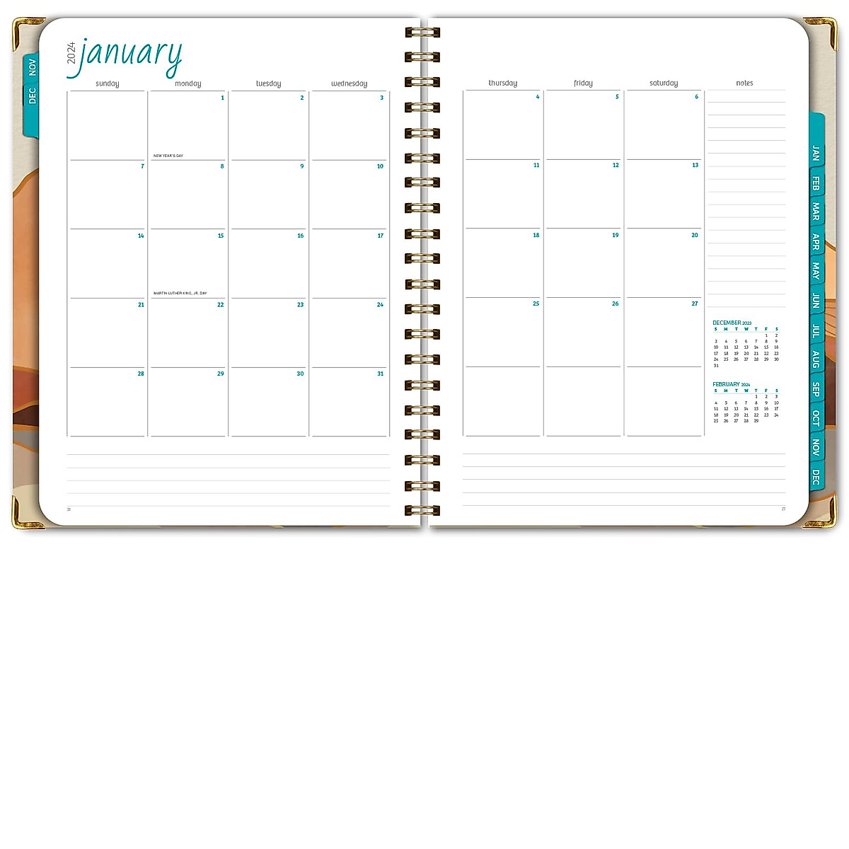 Global Printed Products, HARDCOVER 2024 Planner: (November 2023 Through December 2024) 8.5"x11" Daily Weekly Monthly Planner Yearly Agenda Bookmark, Pocket Folder & Sticky Note Set (Golden Desert)