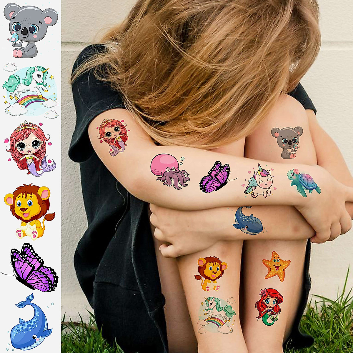 Rejaski 50 PCS Cute Animals ZOO Kids Temporary Tattoos For Girls Butterfly Mermaid Unicorn, 3D Cartoon Fake Tattoos For Child Toddler Boys Teen, Fun Small Tatoo Party Favor Sets Supplies Decoration