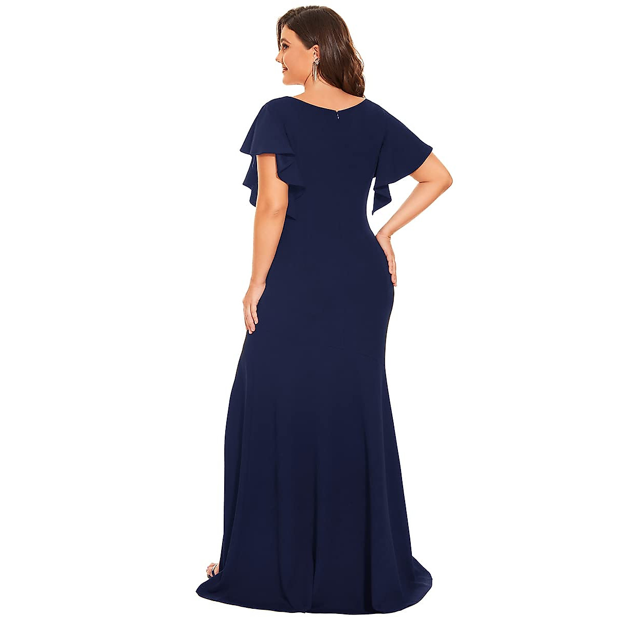 Ever-Pretty Women's Plus Size V-Neck Ruffle Sleeves Side Slit Mermaid Elastic Empire Prom Dress Formal Dress Navy Blue L