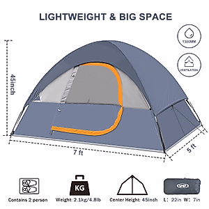 Camping Tent 2 Person, Waterproof Windproof Tent with Rainfly Easy Set up-Portable Dome Tents for Camping
