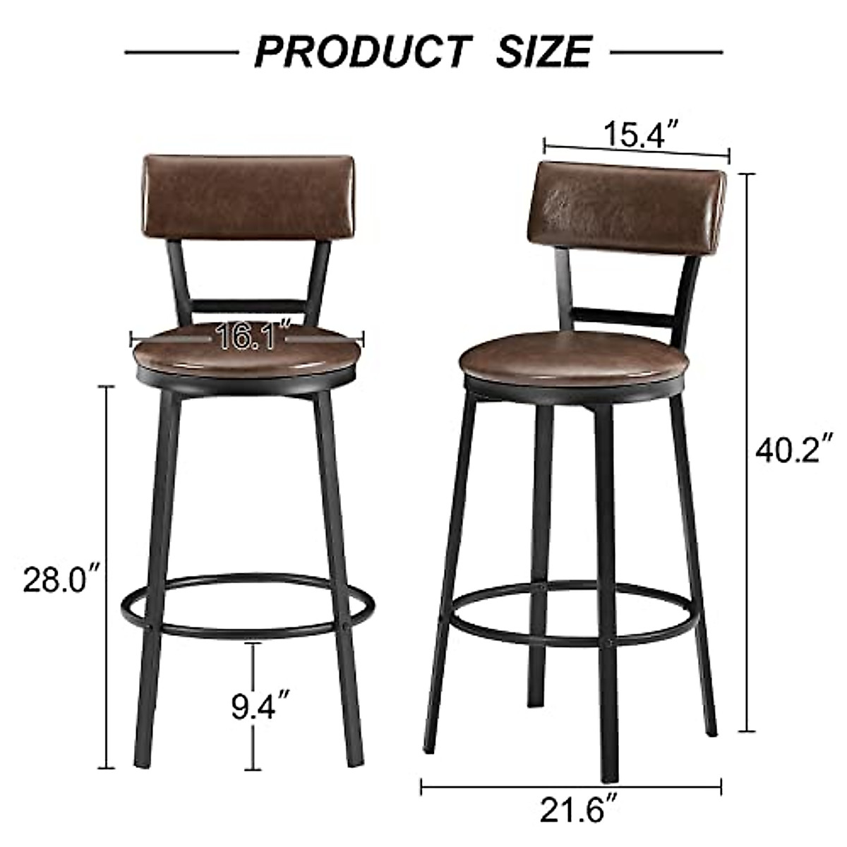 MNEETRUNG Bar Stools Set of 2，Counter Height Bar Stools with PU Leather，28 Inches Modern Barstools with Back and Footrest for Dining Room Kitchen Counter Bar,Brown