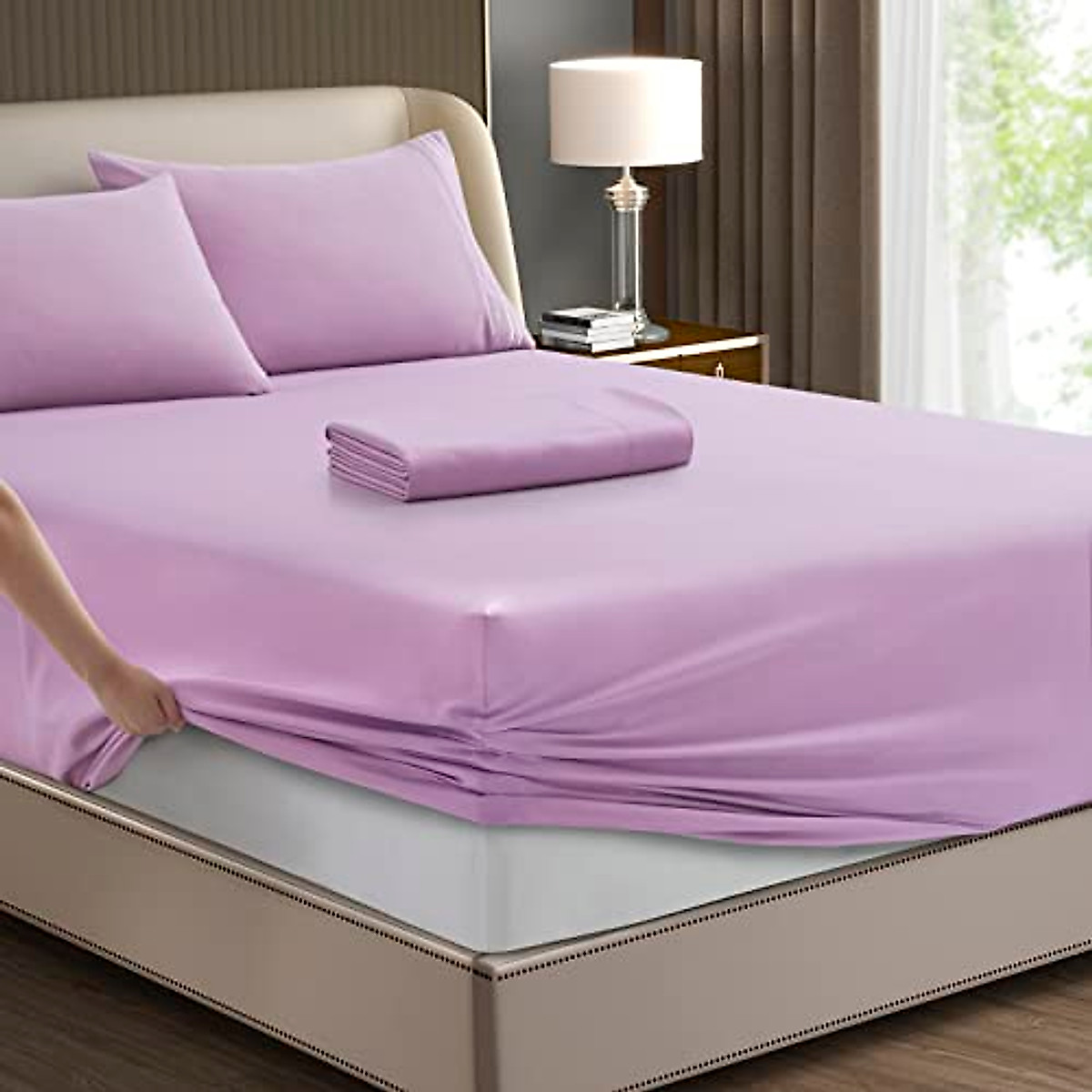 DengChao 4PCS Extra Deep Pocket Sheet Set 1800 Thread Soft Brushed Microfiber Light Purple Full Size Bed Sheets Set,Fit 18-24 Inch Deep Pocket Mattress,Comfortable Breathable& Wrinkle Resistant