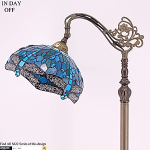WERFACTORY Tiffany Floor Lamp Sea Blue Stained Glass Dragonfly Arched Lamp 12X18X64 Inches Gooseneck Adjustable Corner Standing Reading Light Decor Bedroom Living Room S622 Series
