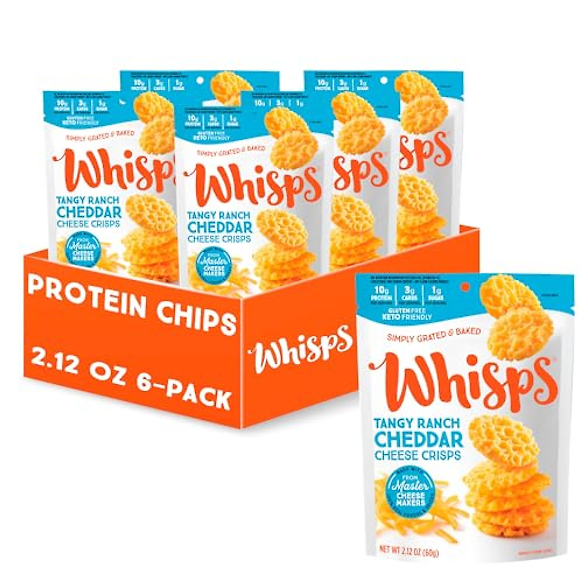 Whisps Cheese Crisps Tangy Ranch | Protein Chips | Healthy Snacks | Protein Snacks, Gluten Free, High Protein, Low Carb Keto Food (2.12 Oz, 6 Pack)