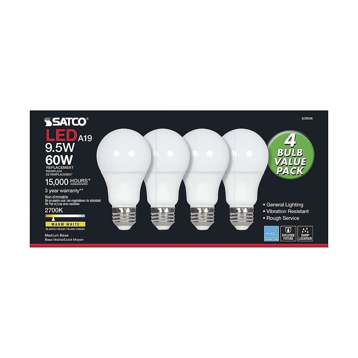 Satco S39596 9.5A19/LED/827/ND/120V/4PK - 4-Pack