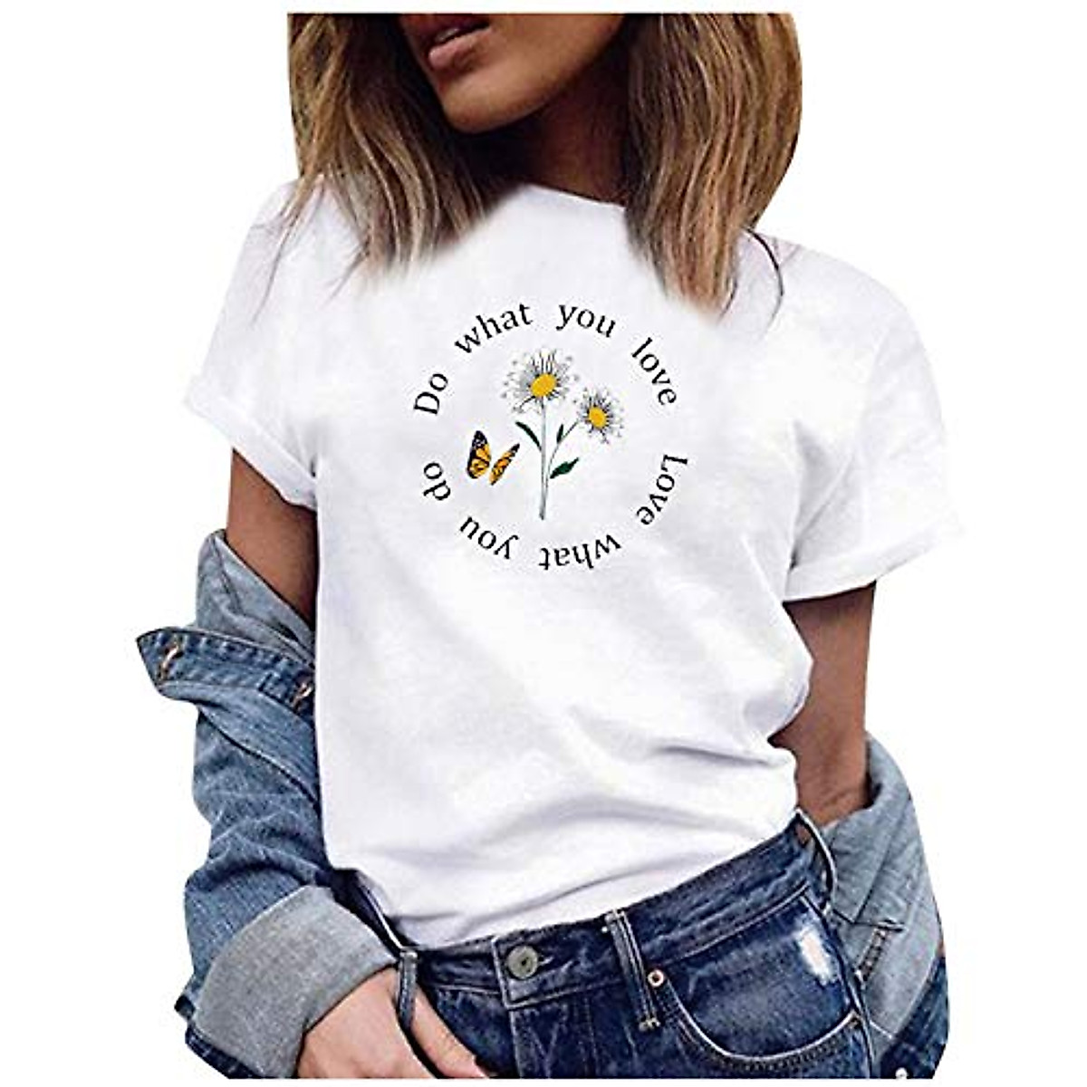 wodceeke Women's Cute Graphic T-Shirts Crewneck Short Sleeve Casual Simple Tee Summer Basic Tops (White G, S)