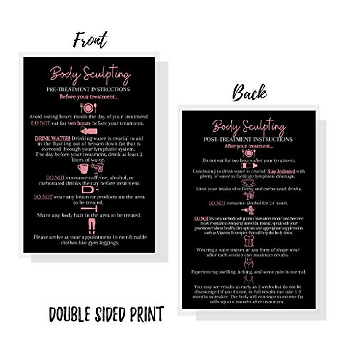 Body Sculpting Pre and Post Treatment Information Cards | 30 Pack | 4x6” inch Large Postcard Size | Black with Rose Gold Design