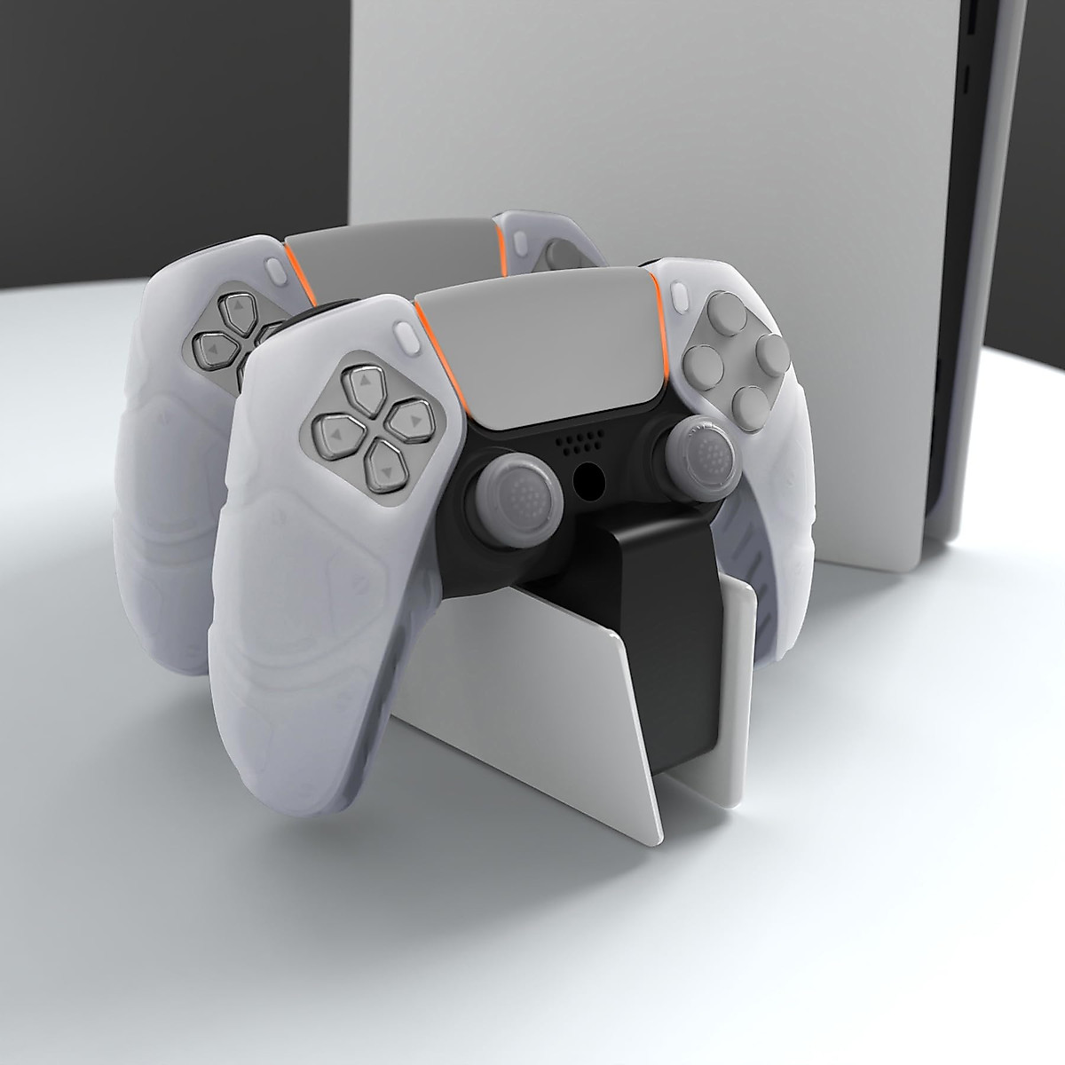 PlayVital Mecha Edition Clear White Ergonomic Soft Controller Silicone Case Grips for ps5, Rubber Protector Skins with Thumbstick Caps for ps5 Controller - Compatible with Charging Station