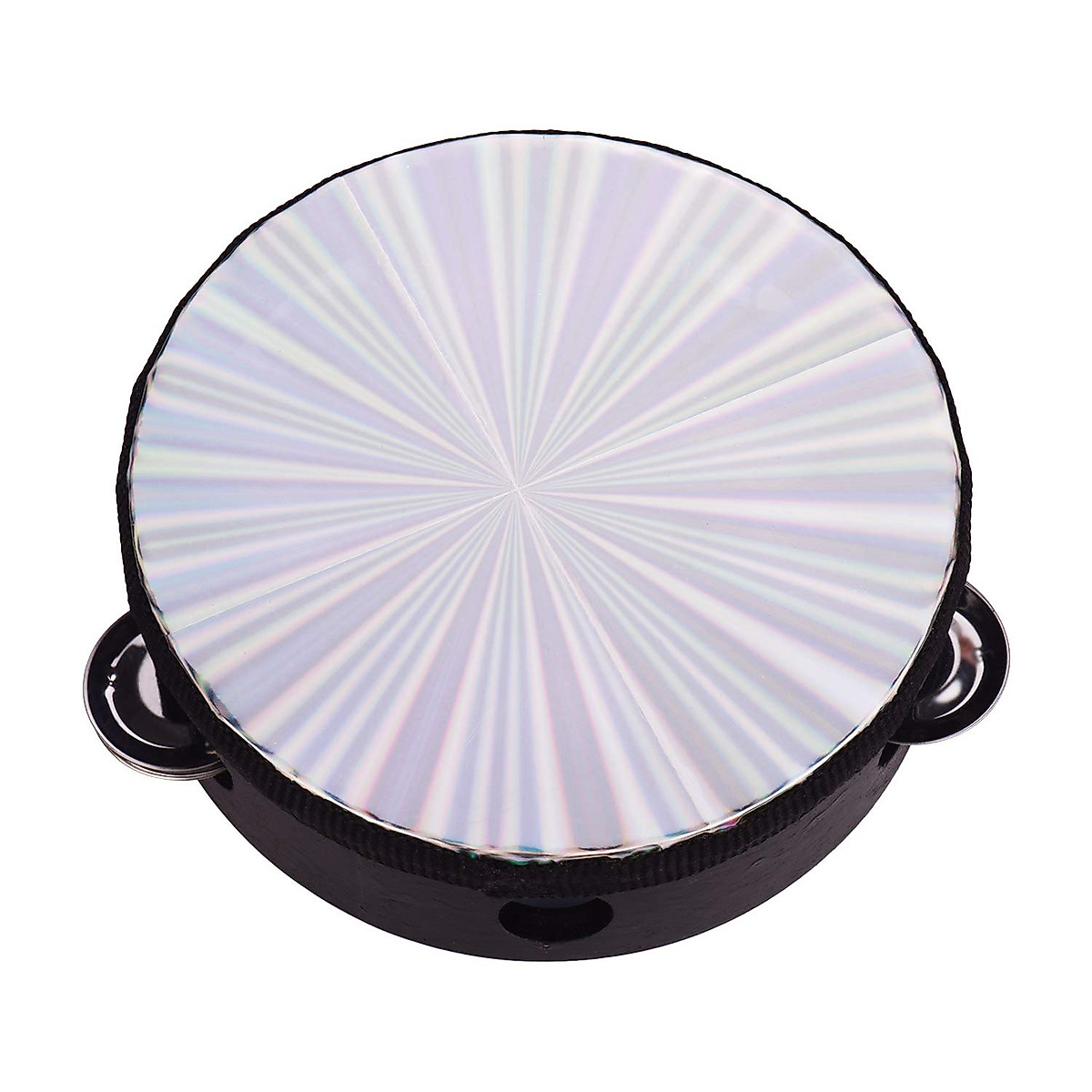 Daerzy 6 Inch Wooden Radiant Tambourine Handbell Hand Drum with Single Row Jingles Reflective Drum Head Percussion Instrument Musical Toy for Adults Kids Dancing Singing Party, Black