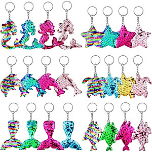 24 Pcs Mermaid Sequin Keychains Ocean Theme Kids Keychains Tropical Rainforest Theme Keychains Reversible Girls Christmas Party Favor Key Chains Glitter Key Chains for Adults Kid (Ocean Style)