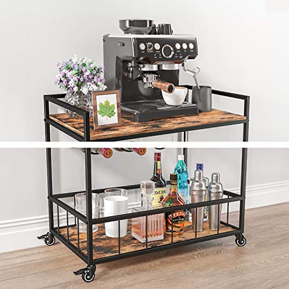 Industree Serving Cart on Wheels, 3-Tier Bar Cart with Wine Rack, Modern Wood and Metal Portable Coffee Cart Table for Home, Romantic Rustic Brown and Elegant Black, Family Party Cart(Max)