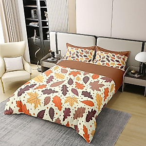 Watercolor Leaves 100% Natural Cotton Duvet Cover Queen Size Cartoon Fall Leaves Rustic Style Comforter Cover with 2 Pillowcases Brown Grid Stripe Autumn Bedding Set 3 Pcs Bed Cover