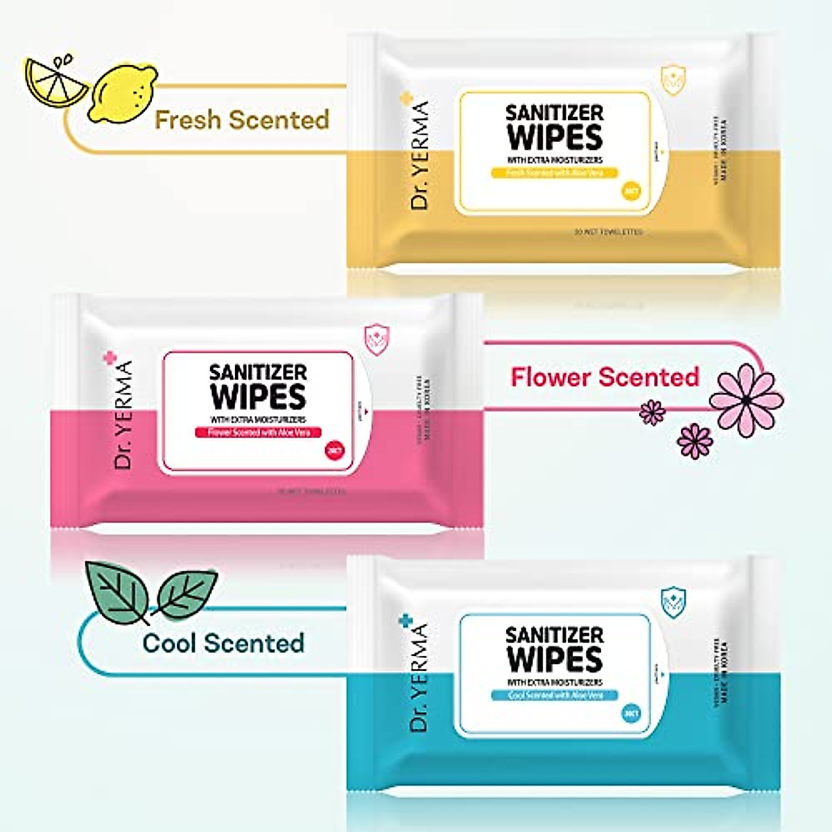 Dr. YERMA Hand Wipes with Aloe Vera & Extra Moisturizers, 80 Packs of 20 (1600 wipes), Travel Size, Vegan Flower Scented, 80 Packs