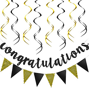 Glitter Congratulations Banner Triangle Flag Banner with 12 Pieces Hanging Swirls for Wedding Retirement Graduation Anniversary Party Decorations (Black, Gold)