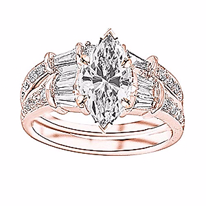 1.29 Ctw 14K Rose Gold Baguette Round GIA Certified Diamond Engagement Ring Wedding Bridal Band Set Marquise Shape (0.54 Ct K Color VVS1 Clarity Center Stone)