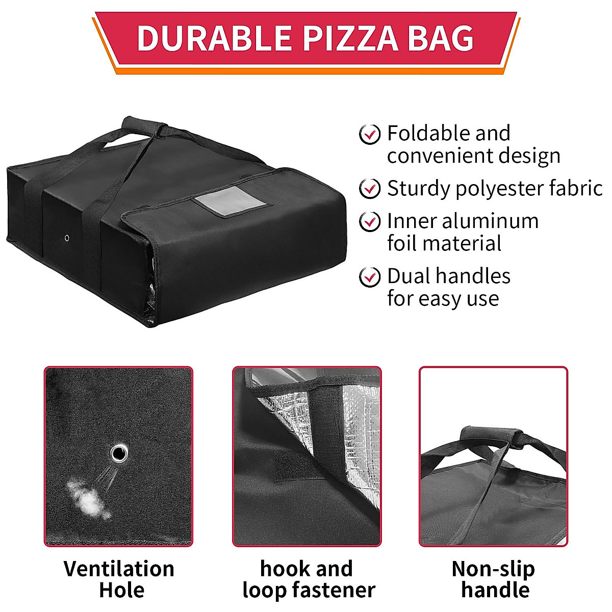 BOHEMIABY Pizza Bags for Large Pizza Warmer Bag, 20 X 20 in Food Carrier Insulated Bag, Reusable Pizza Bag with Label Window, Water Proof Bag with Double Handle Black