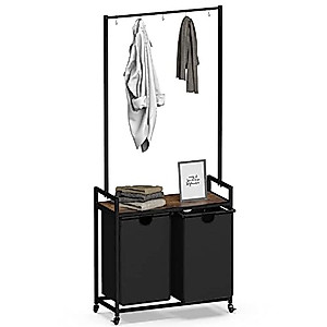 Simoretus Laundry Basket Sorter with Clothes Hanging Bar,Wooden Shelf,2 Sliding Bags, Hamper Garment Rack with Rolling Wheels for Laundry Room Bathroom Bedroom