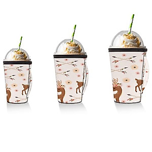 Reusable Iced Coffee Sleeve Deer Animal Insulator Sleeves for Cold Drink Beverages Elk Arrow Iced Coffee Sleeve with Handle Neoprene Cup Holder for Coffee, Tea, Soda, Latte(32 oz)