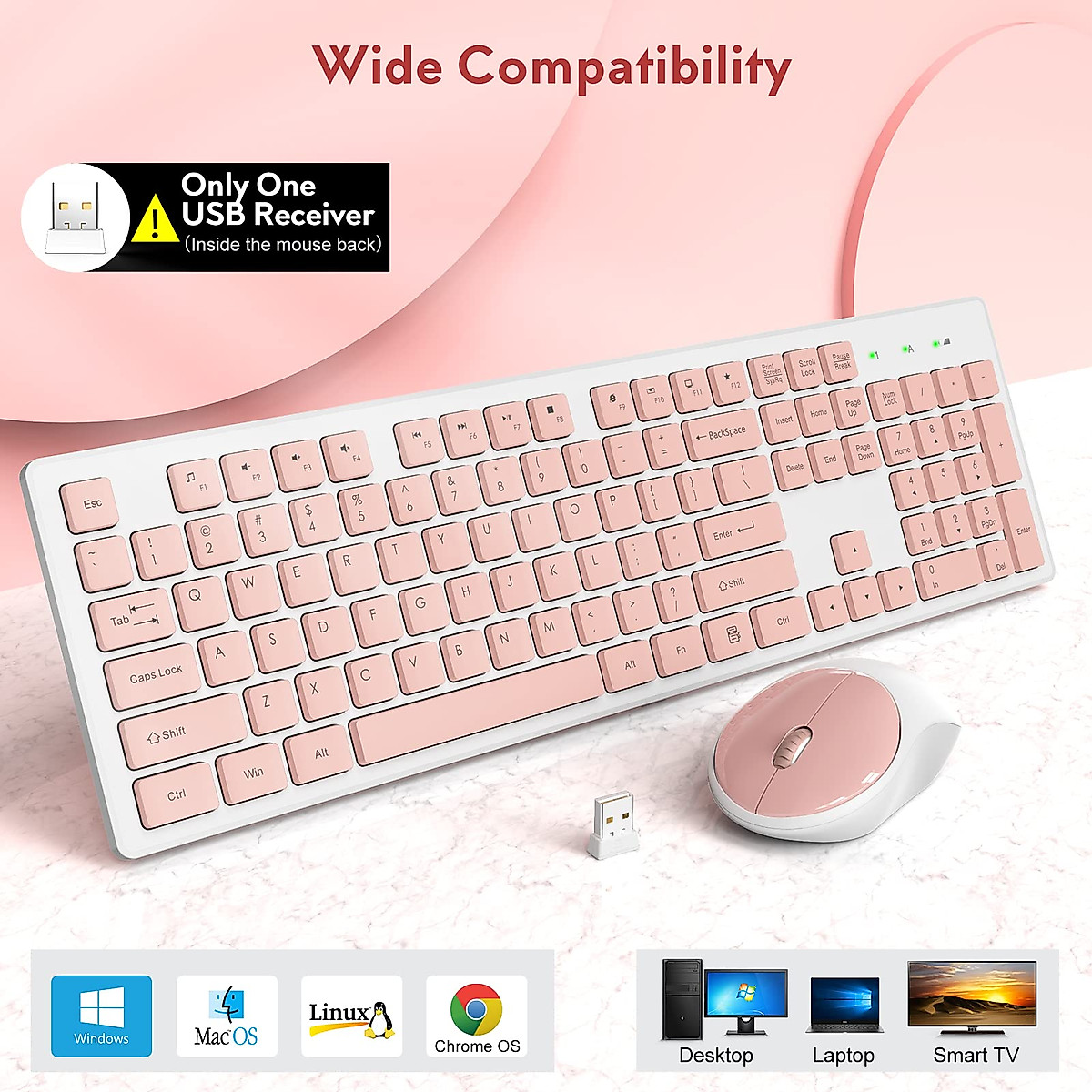 Wireless Keyboard and Mouse Combo with 7 Colored Backlits, Wrist Rest, Rechargeable Ergonomic Keyboard with Phone Holder, Silent Lighted Full Size Combo for Window, Mac, PC, Laptop-Trueque (Pink)