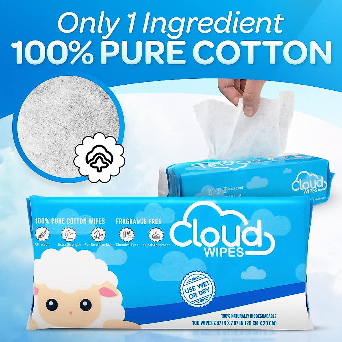 Cloud Wipes Pure Dry Cotton Baby Wipes Soft Durable Unscented Cloth Tissue for Sensitive Skin (2-Pack 200 Count)