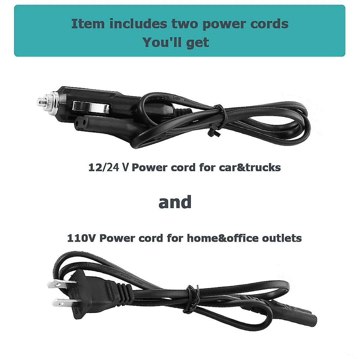 Budth Power Cord for Electric Lunch Box, 12/24v for Car Use, 110v for Home Office Use, Lunch Box Food Heater Plug, Portable Electric Lunch Box Replaceable Power Cord