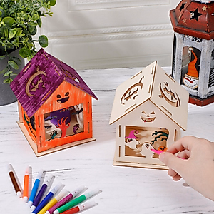 Wettarn Halloween Haunted House with Colors Markers, Wooden Graffiti Crafts Halloween Painting Crafts Kit Pumpkin Witch Ghost Haunted House Craft for Kids DIY Paint Art (9 Pcs)