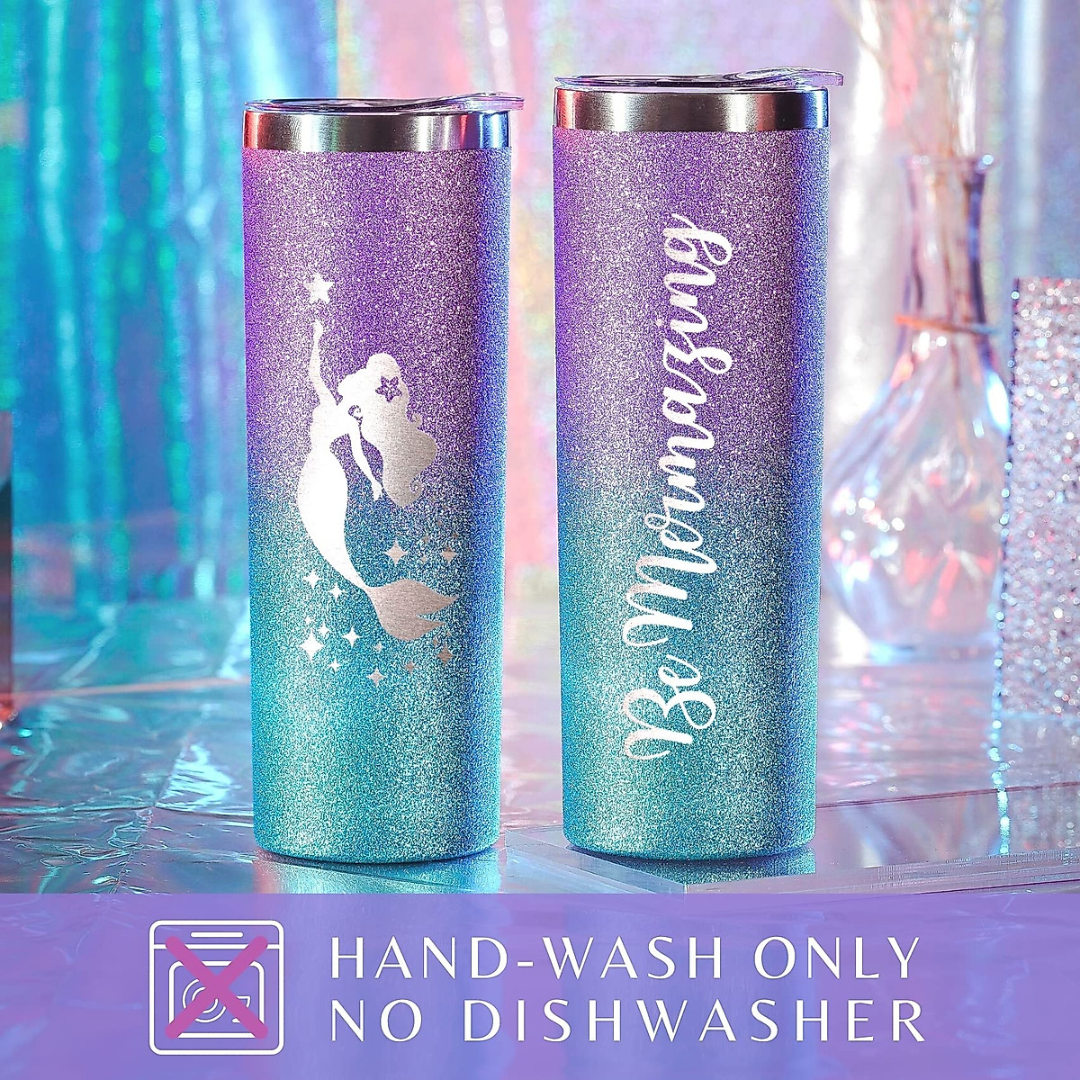 Onebttl Mermaid Gifts for Girls & Women - 20oz/590ml Stainless Steel Insulated Tumbler with Straw & Lid, Message Card - Be Mermazing (Glitter Purple)
