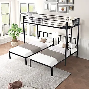 Eafurn Twin Over Twin & Twin Metal Triple Bunk Beds, L-Shaped Bunk Bed for 3 Kids Teens Adults with Built-in Ladder and Full-Length Guardrails, Noise-Free Metal Triple Bunk Bed