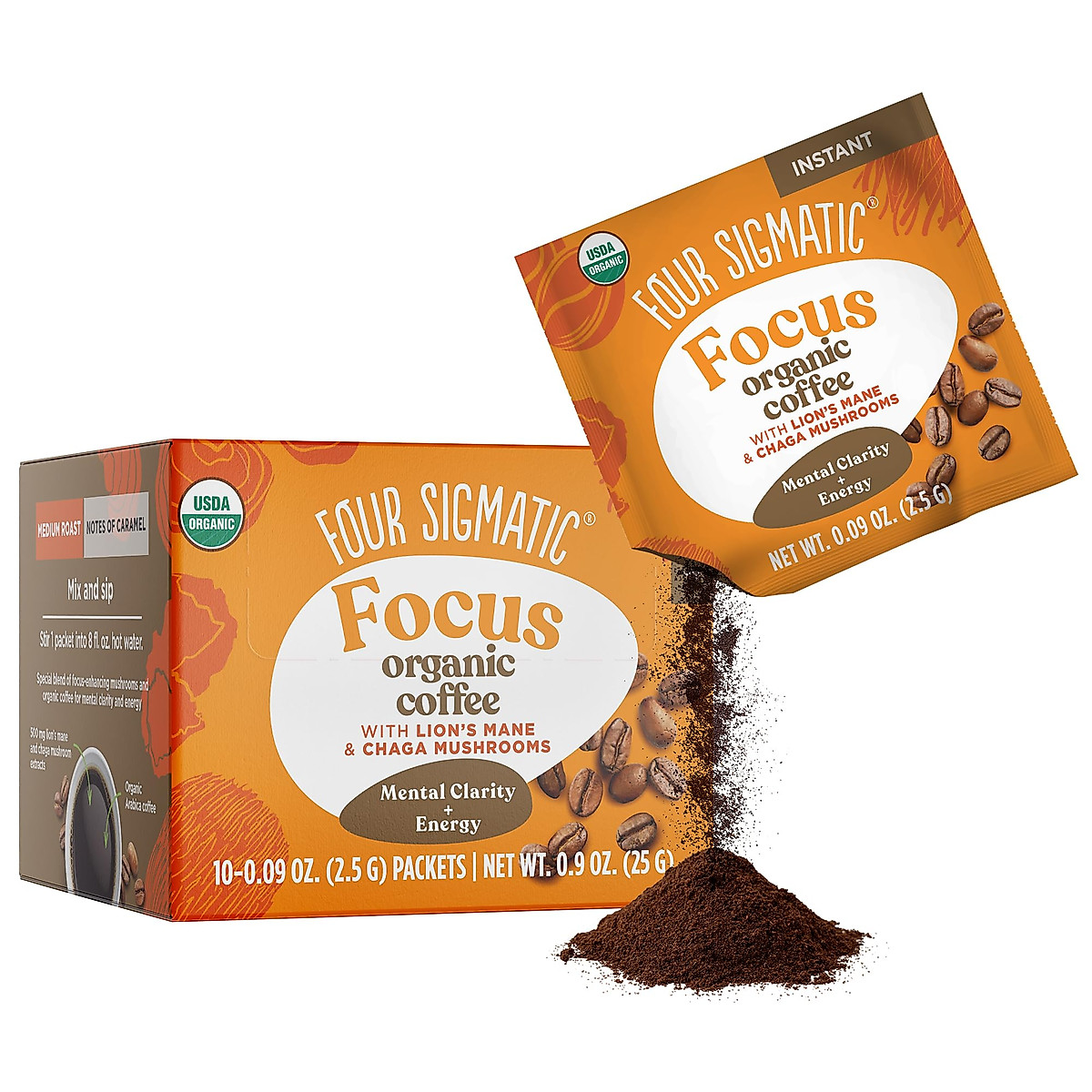 Organic Instant Coffee Powder by Four Sigmatic | Arabica Instant Coffee Singles with Lion's Mane, Chaga and Rhodiola | Mushroom Coffee Instant Mix for Better Focus and Immune Support | 10 Packets