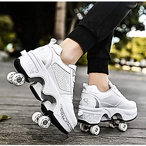 LDTXH Multifunctional Roller Skates Shoes Deformation Automatic Walking Shoes with Double-Row Deform Wheel Adult Children's Skating Shoes,5.5
