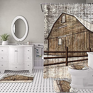 SiMiWOW Rustic Farmhouse Barn Shower Curtain Set with Bath Mat Bath Rugs Bathroom Decor Set of 4 Pieces