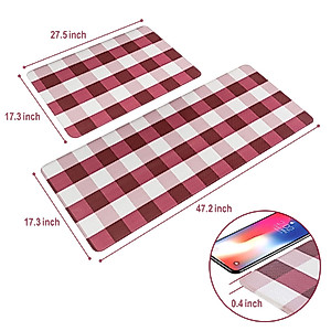 Carvapet Buffalo Plaid Kitchen Rug 2 PCS Cushioned Anti-Fatigue Kitchen Mat Waterproof Non-Slip PVC Ergonomic Comfort Standing Foam Mats for Office Laundry, Rose&White, 17.3''x27.5''+17.3''x47.2''