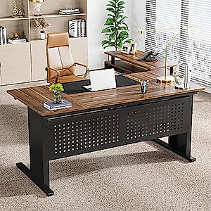 Tribesigns 63 Inch Executive Desk with File Cabinet, Large Office Desk L Shaped Computer Desk with Drawers and Storage Shelves, Business Furniture Desk Workstation for Home Office, Brown