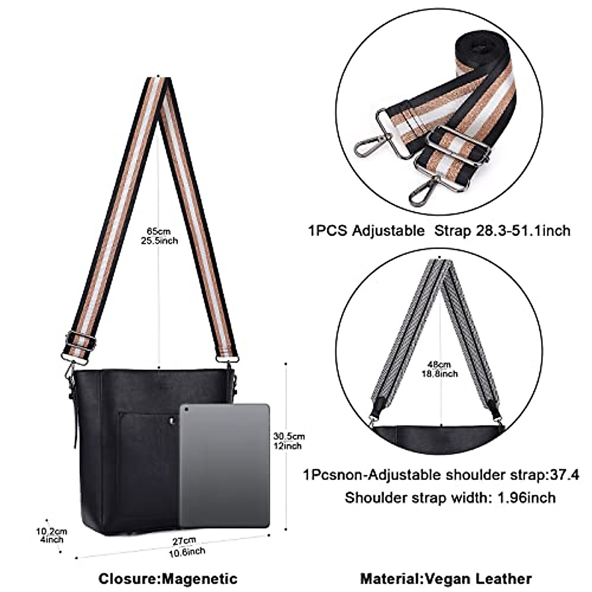 HKCLUF Crossbody Bags for Women Vegan Leather Boho Bucket Bag With 2PCS Replacement Leopard Guitar Strap Crossbody Purse and Handbags(Black)