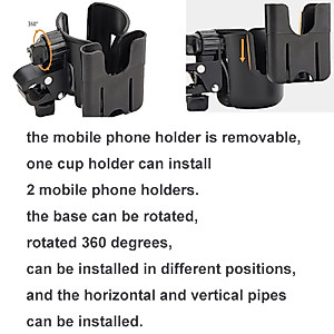 Cup Holder 2 in 1, Stroller Cup Holder, Bike Cup Holder, Stroller Organizer, Stroller Cup Holder with Mobile Phone Holder, 360 Rotation Drink Phone Holder for Bike Pushchair Wheelchair Walker Bicycle