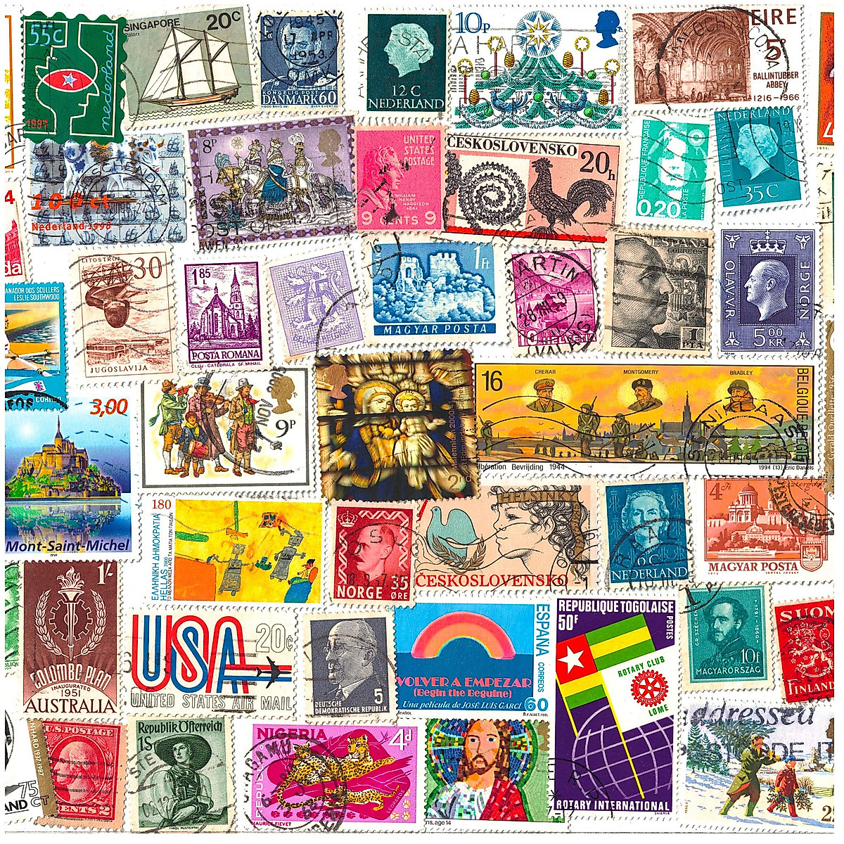1000 Stamps from World Countries Mixed Philately Used Postage Stamps Off Paper