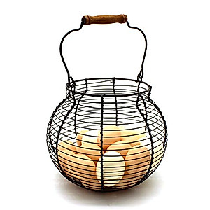 CVHOMEDECO. Antique Wire Egg Basket with Wood Handle Primitives Vintage Gathering Basket. Rusty