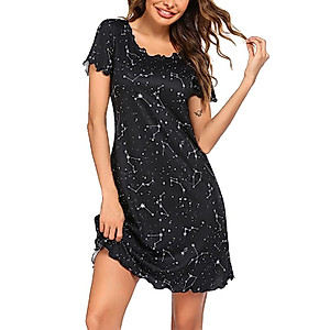 Ekouaer Nightgown Womens Cotton Night Shirt for Sleeping Starry Sky Printed Sleepwear Short Sleeve Ruffle Seams Sleep Shirts Lightweight Sleepdress L