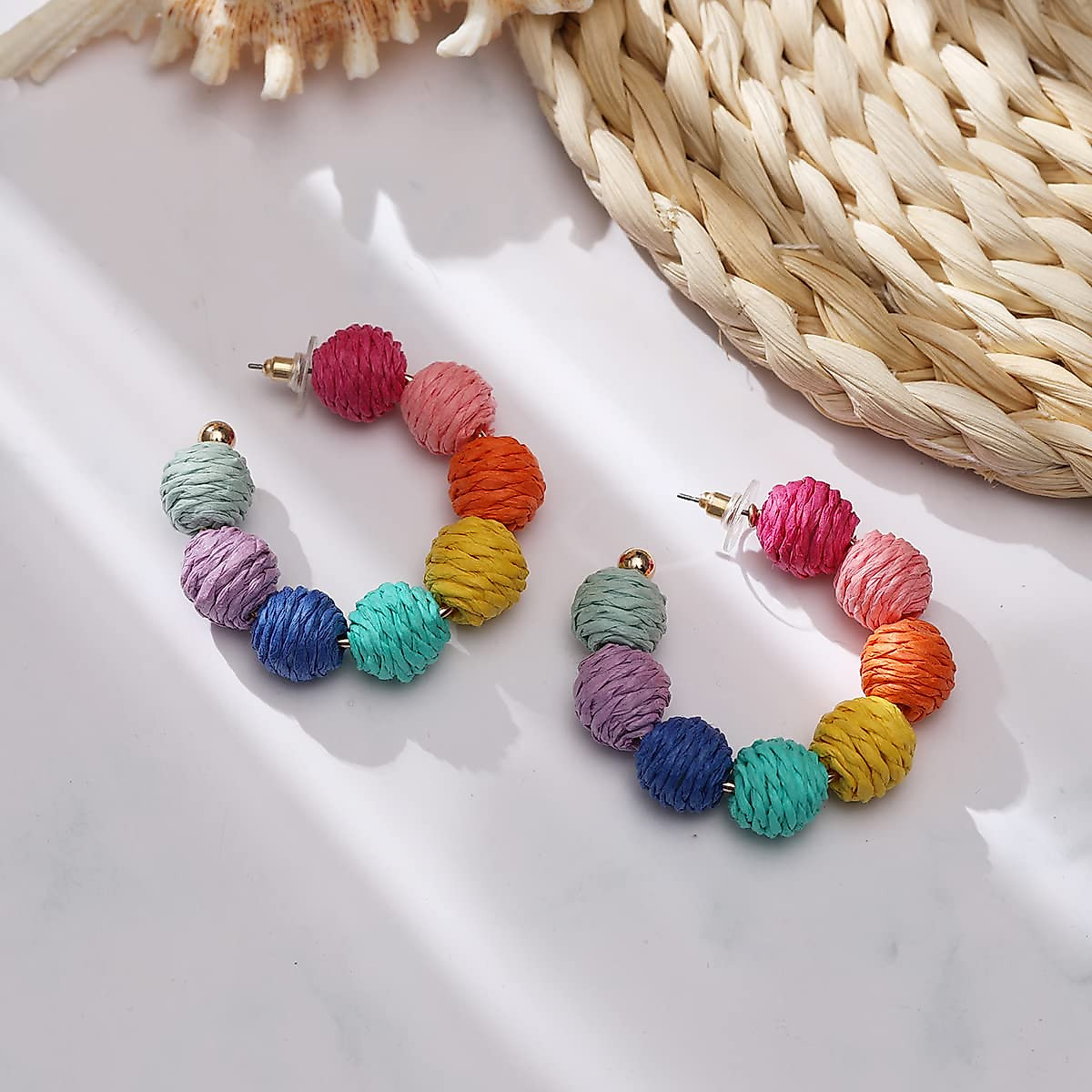Colorful Statement Raffia Hoop Dangle Earrings for Women - Fun Summer Rattan Beach Vacation Jewelry Teacher Gifts (Colorful)