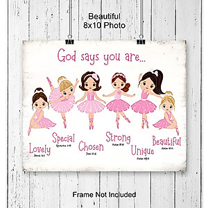 Ballet Nursery Bedroom Wall Art - God Says You Are Bible Verses - Religious Room Decor - Little Girls Toddler Baby Room decoration - Pink Ballerina Daughter Gift - Christianity Religion Poster 8x10